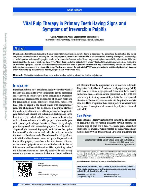 (PDF) Vital Pulp Therapy in Primary Teeth Having Signs and Symptoms of ...