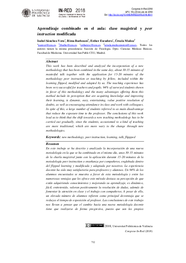 (PDF) Aprendizaje combinado en el aula: clase magistral y peer instruction modificada