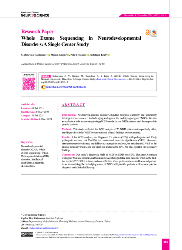 (PDF) Whole Exome Sequencing in Neurodevelopmental Disorders: A Single Center Study