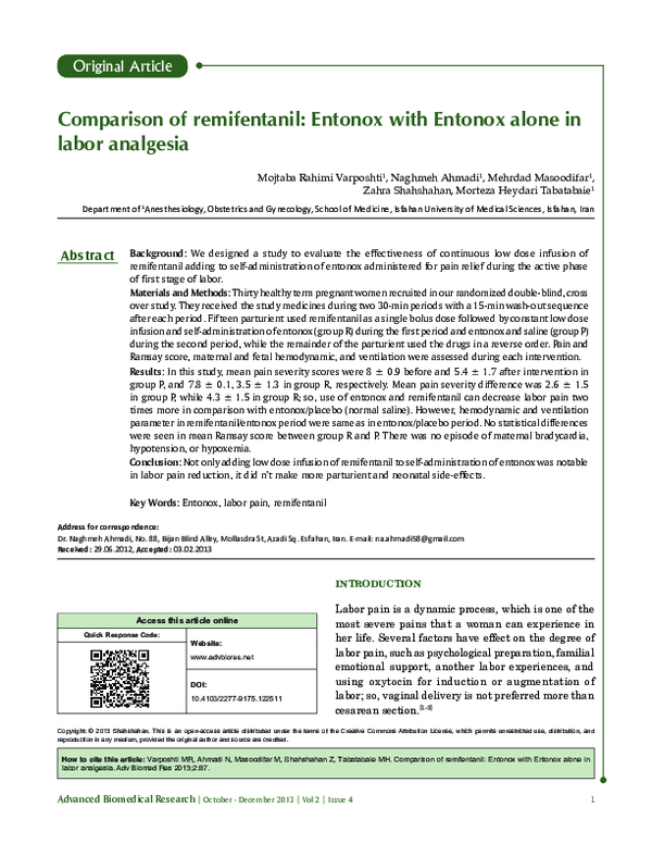 (PDF) Comparison of remifentanil: Entonox with Entonox alone in labor ...