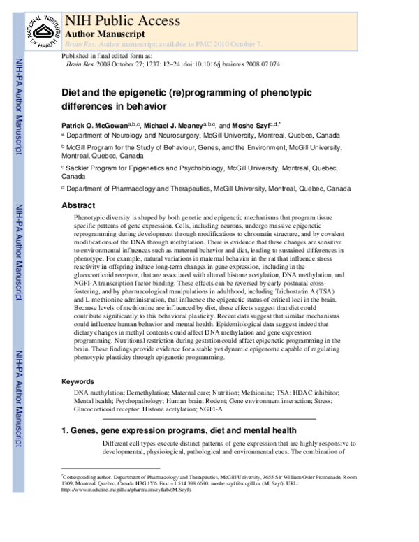 (PDF) Diet and the epigenetic (re)programming of phenotypic differences in behavior