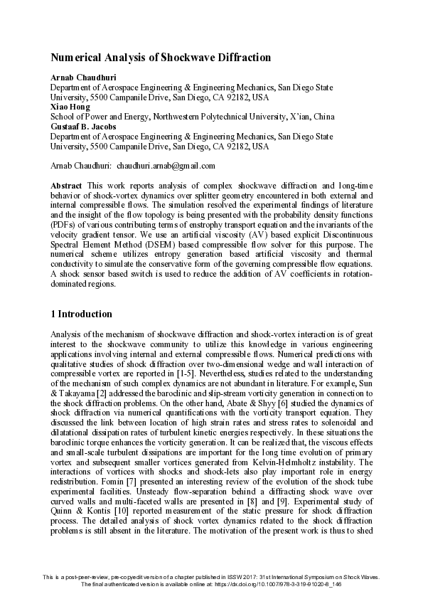 (PDF) Numerical Analysis of Shock Wave Diffraction