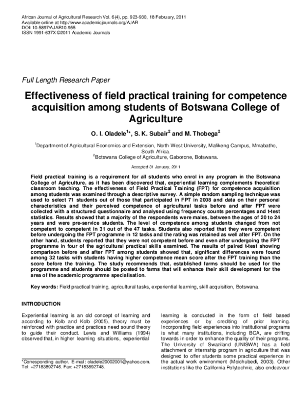 (PDF) Effectiveness of field practical training for competence acquisition among students of ...