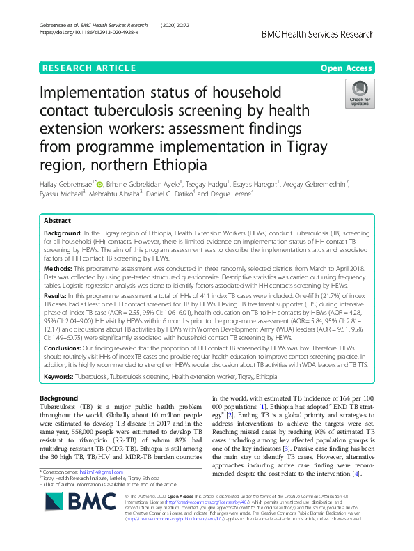 (PDF) Implementation status of household contact tuberculosis screening by health extension ...