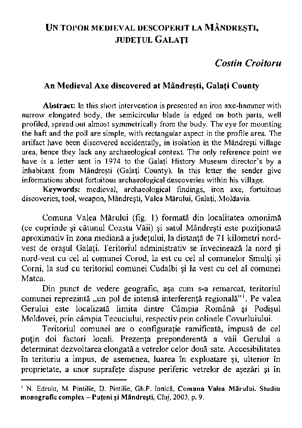 (PDF) Un topor medieval descoperit la Mândrești, judeţul Galaţi