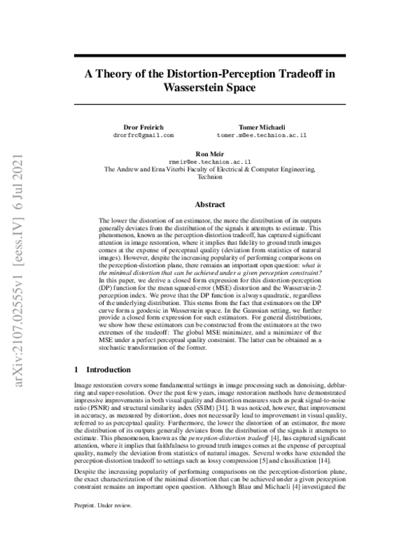 (PDF) A Theory of the Distortion-Perception Tradeoff in Wasserstein Space