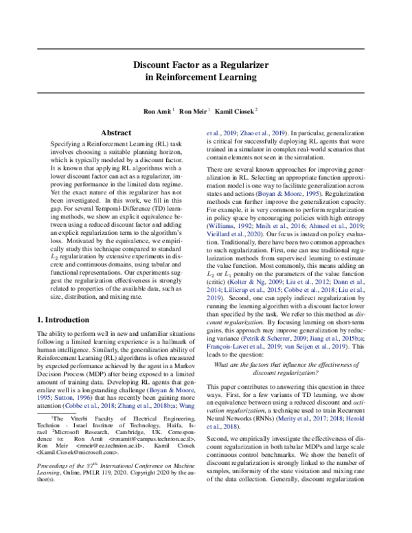 (PDF) Discount Factor as a Regularizer in Reinforcement Learning