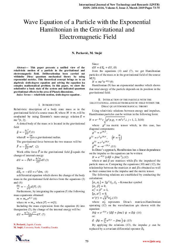 (PDF) Wave Equation of a Particle with the Exponential Hamiltonian in the Gravitational and ...