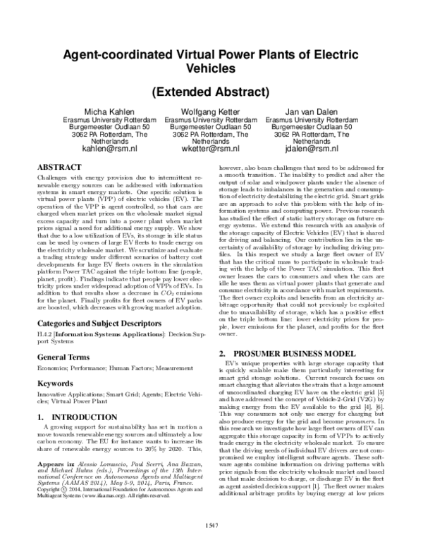 (PDF) Agent-coordinated virtual power plants of electric vehicles