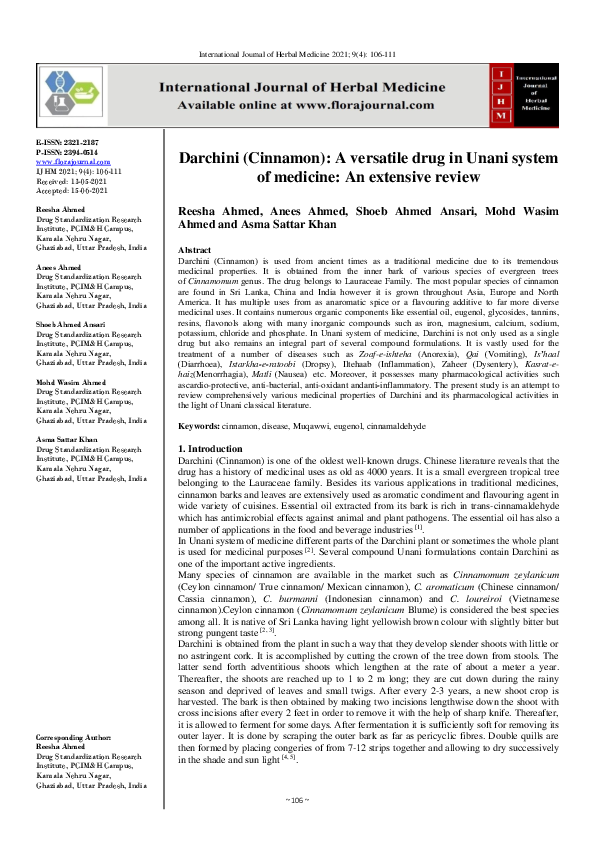 (PDF) Darchini (Cinnamon): A versatile drug in Unani system of medicine ...