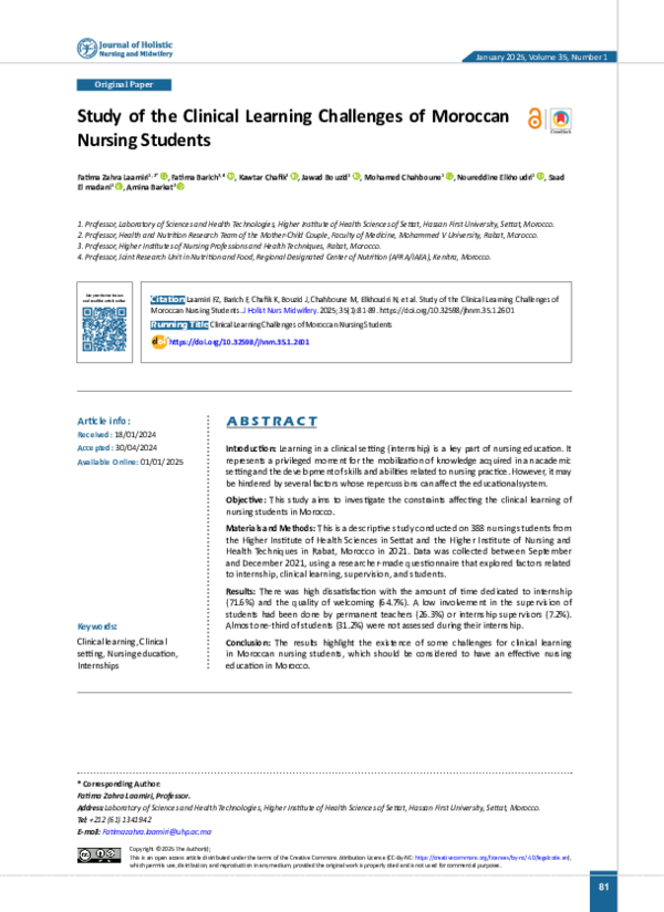 (PDF) Study of the Clinical Learning Challenges of Moroccan Nursing ...