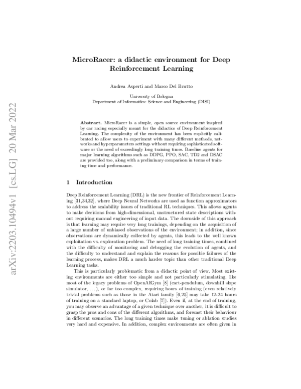 (PDF) MicroRacer: A Didactic Environment for Deep Reinforcement Learning