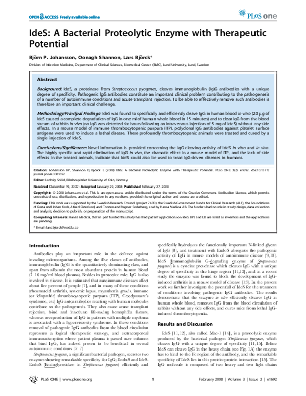 (PDF) IdeS: A Bacterial Proteolytic Enzyme with Therapeutic Potential