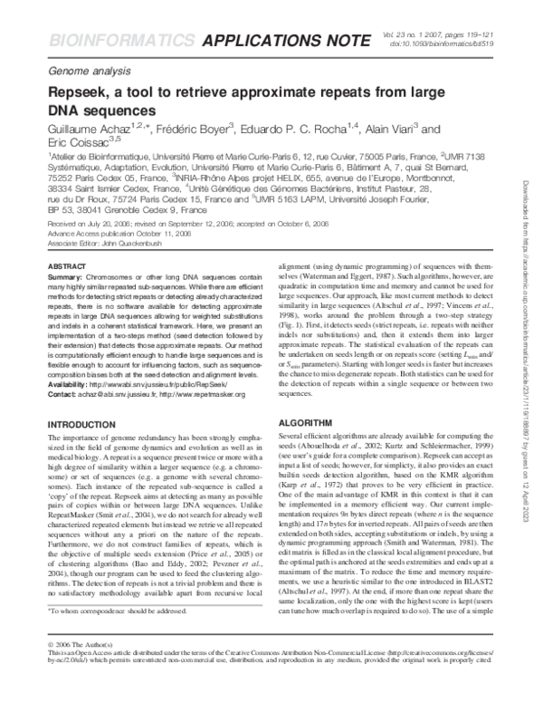 (PDF) Repseek, a tool to retrieve approximate repeats from large DNA sequences