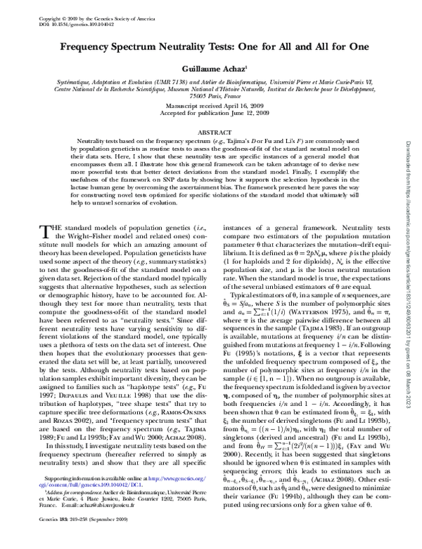 (PDF) Frequency Spectrum Neutrality Tests: One for All and All for One