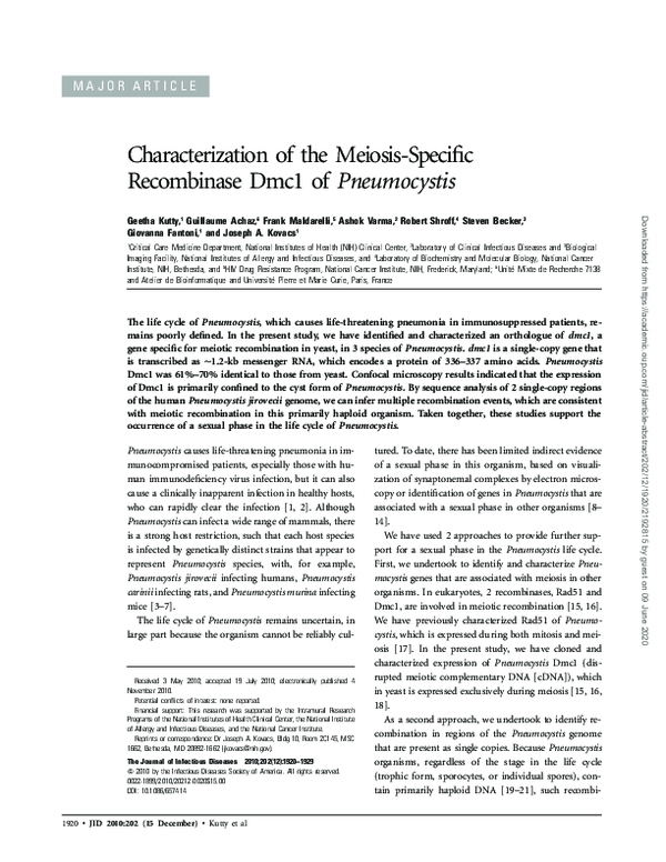 (PDF) Characterization of the Meiosis‐Specific Recombinase Dmc1 ofPneumocystis