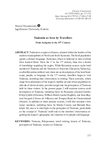 (PDF) Tsakonia as Seen by Travellers. From Antiquity to the 19th Century