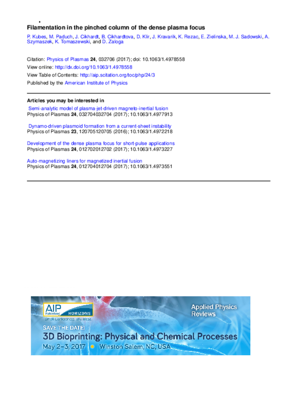 (PDF) Filamentation in the pinched column of the dense plasma focus
