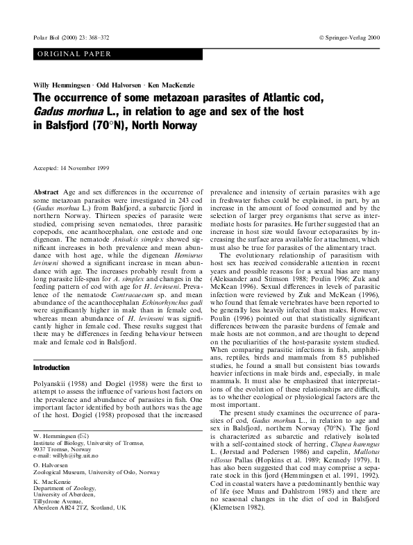 (PDF) The occurrence of some metazoan parasites of Atlantic cod, Gadus ...