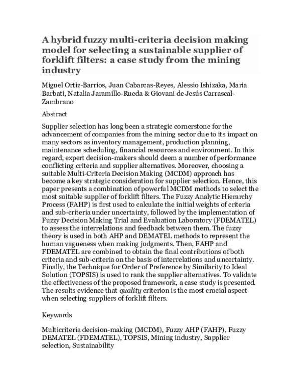 Pdf A Hybrid Fuzzy Multi Criteria Decision Making Model For Selecting A Sustainable Supplier