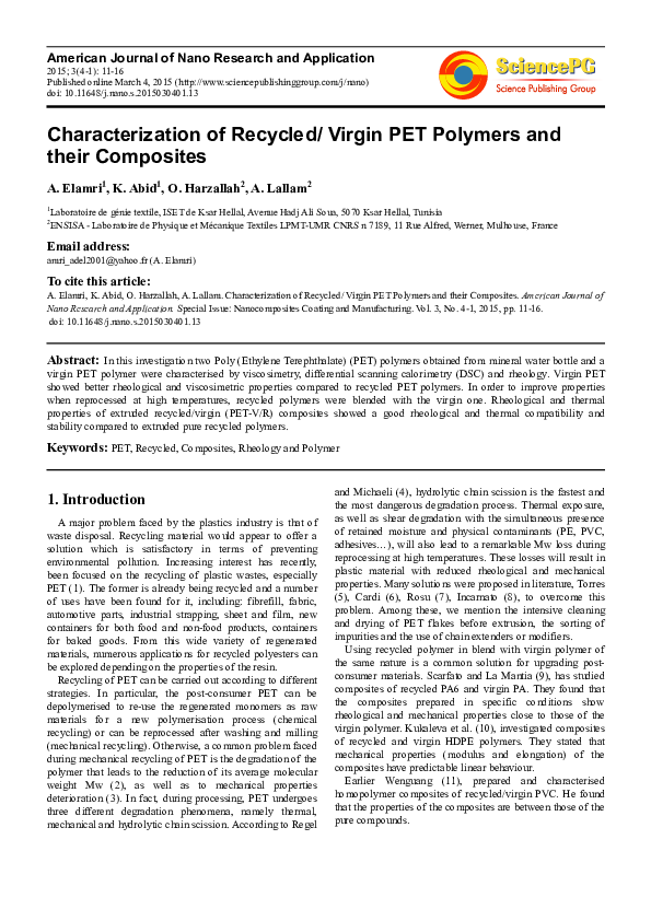 Characterization of Recycled/ Virgin PET Polymers and their Composites