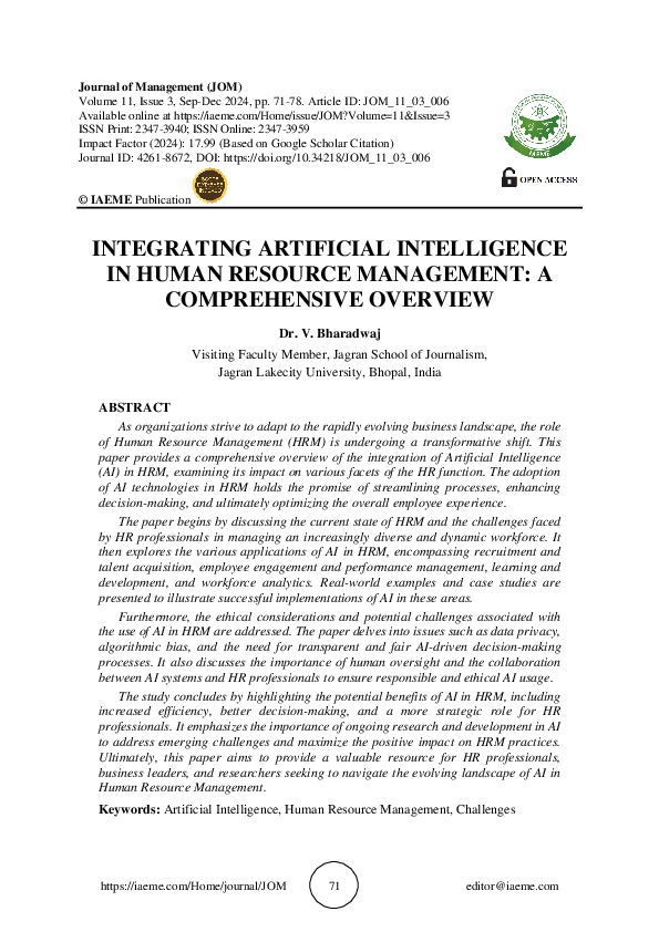 (PDF) INTEGRATING ARTIFICIAL INTELLIGENCE IN HUMAN RESOURCE MANAGEMENT: A COMPREHENSIVE OVERVIEW