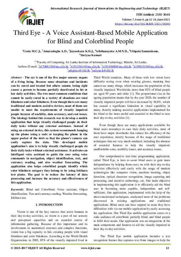 (PDF) Third Eye - A Voice Assistant-Based Mobile Application for Blind and Colorblind People
