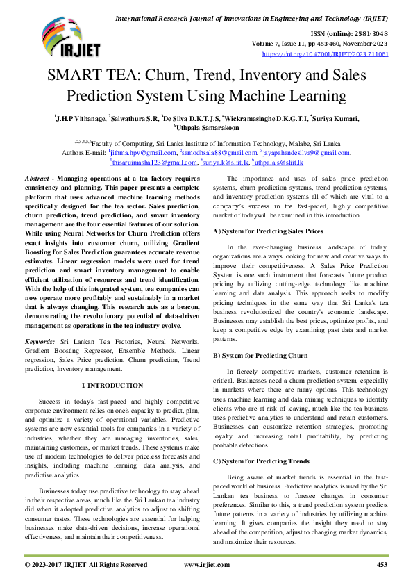 (PDF) SMART TEA: Churn, Trend, Inventory and Sales Prediction System Using Machine Learning