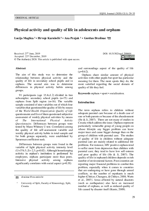 (PDF) Physical activity and quality of life in adolescents and orphans