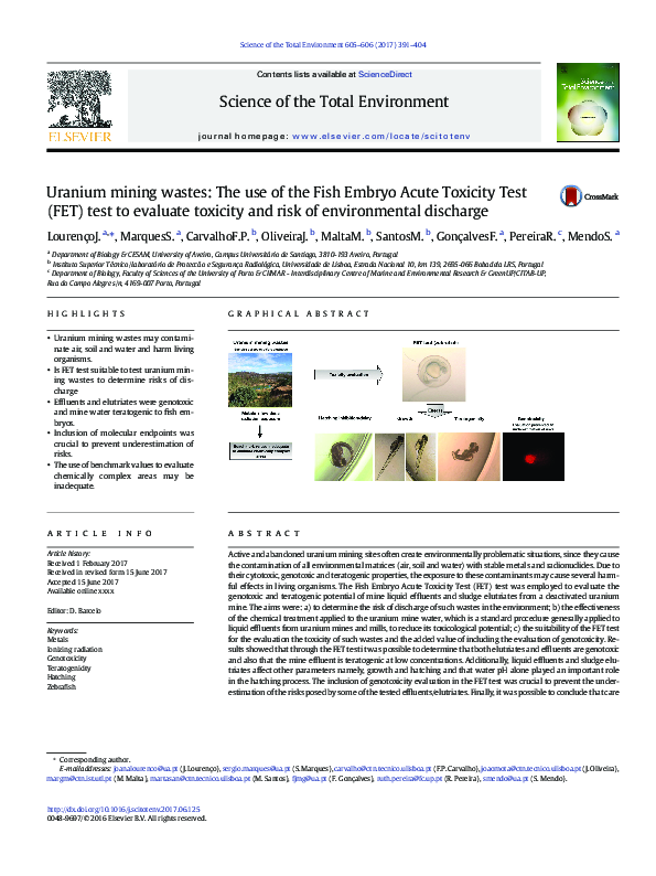 (PDF) Uranium mining wastes: The use of the Fish Embryo Acute Toxicity ...