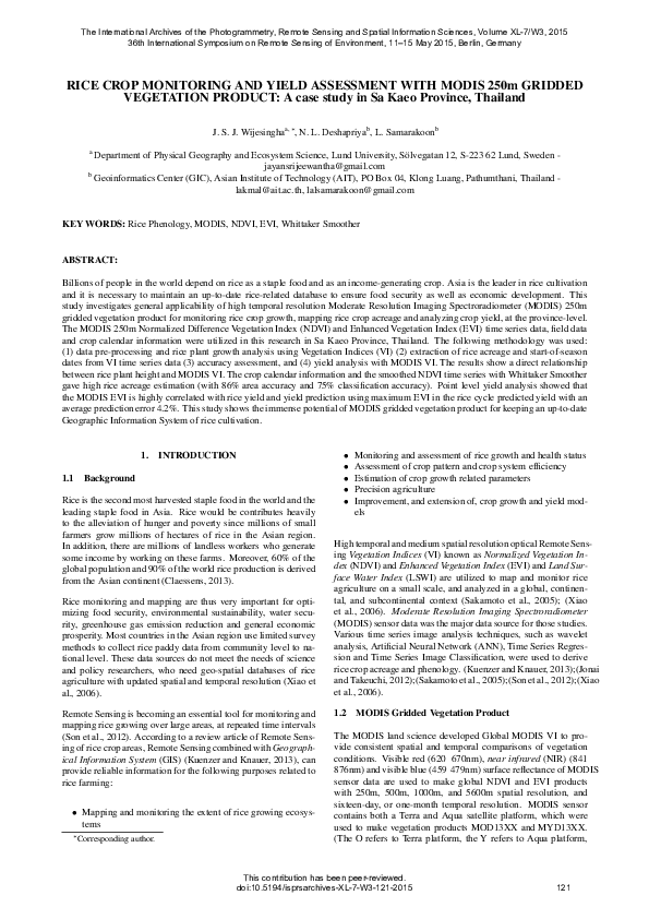 (PDF) Rice Crop Monitoring and Yield Assessment with MODIS 250m Gridded ...