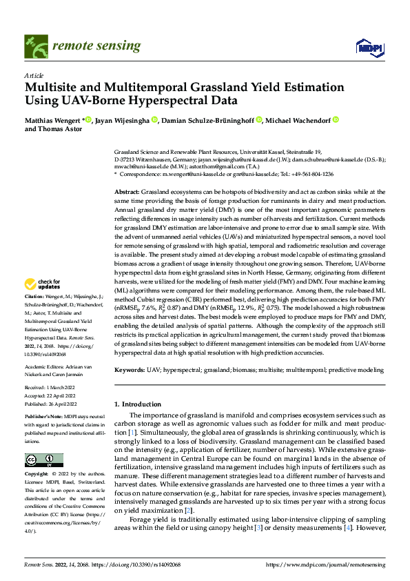 (PDF) Multisite and Multitemporal Grassland Yield Estimation Using UAV-Borne Hyperspectral Data