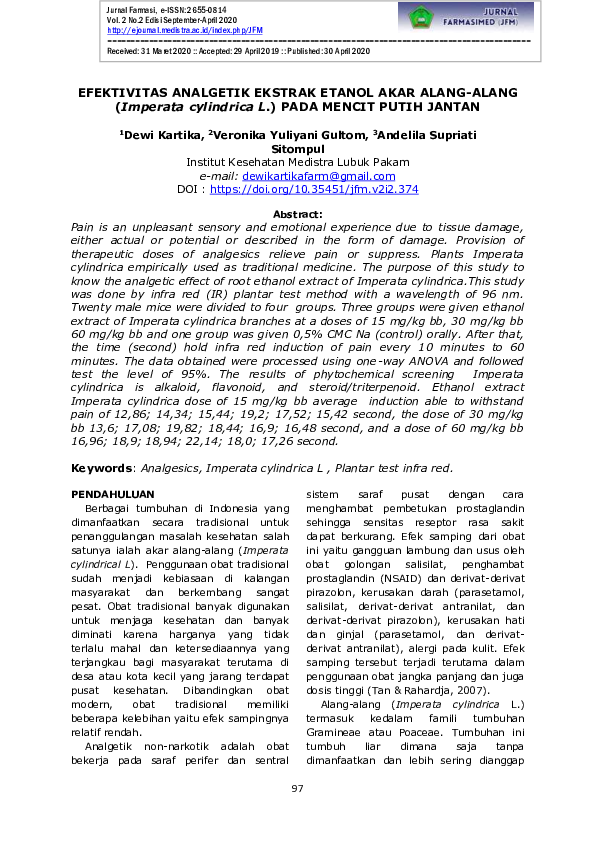 (PDF) EFEKTIVITAS ANALGETIK EKSTRAK ETANOL AKAR ALANG-ALANG (Imperata ...