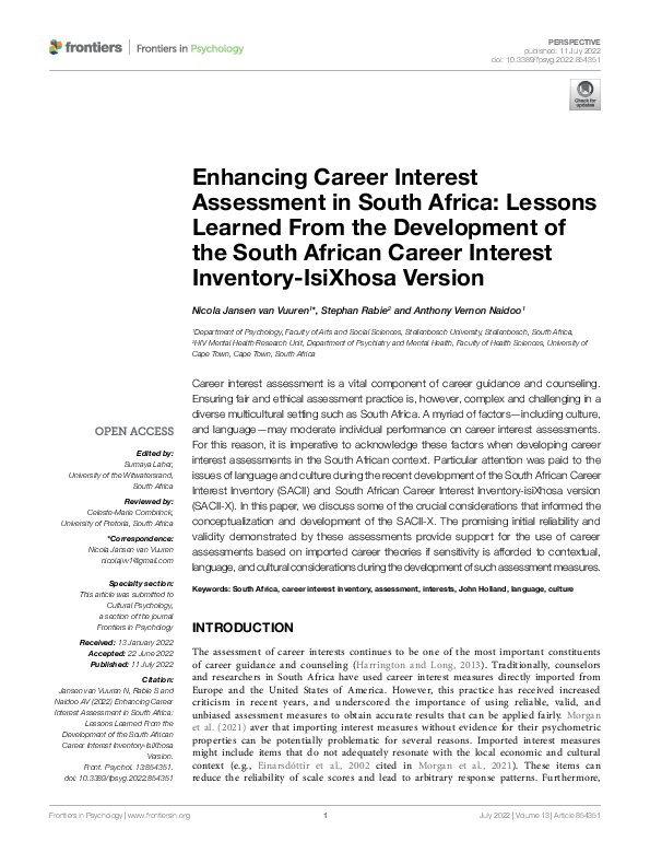 (PDF) Enhancing Career Interest Assessment in South Africa: Lessons ...