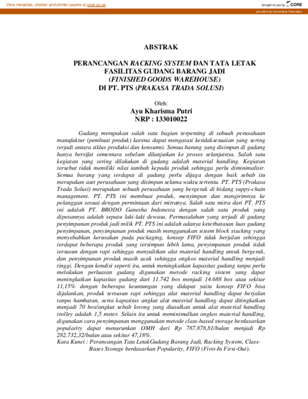 (PDF) Perancangan Racking System Dan Tata Letak Gudang Barang Jadi ...