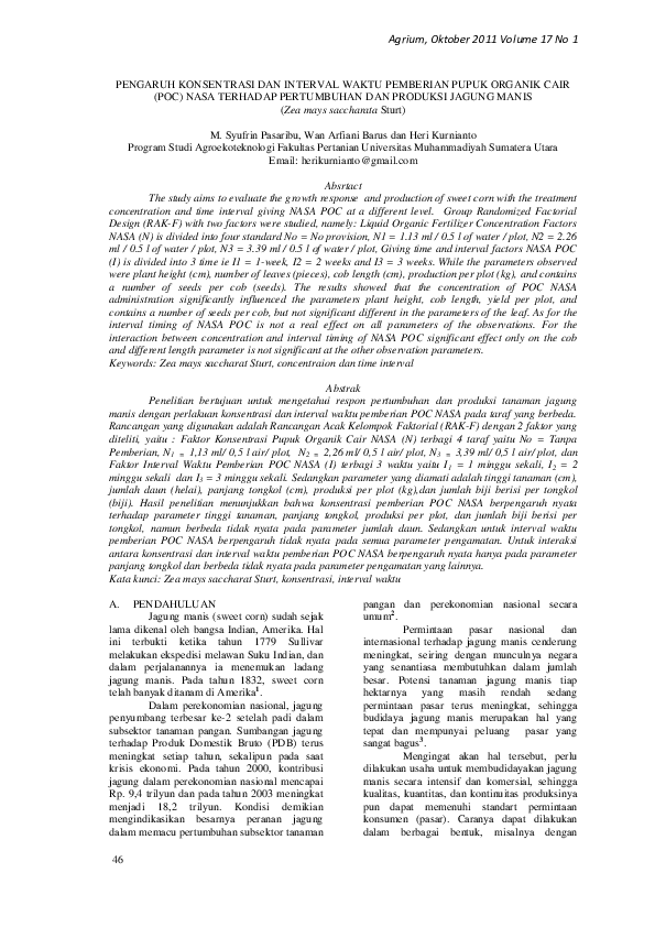 (PDF) PENGARUH KONSENTRASI DAN INTERVAL WAKTU PEMBERIAN PUPUK ORGANIK CAIR (POC) NASA TERHADAP ...