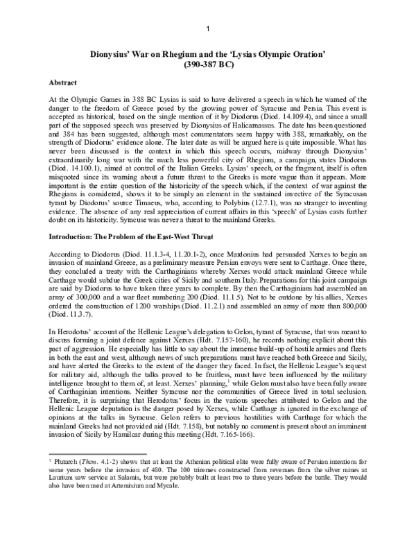 (PDF) Lysias’ ‘Olympic Oration’ and Diodorus Book