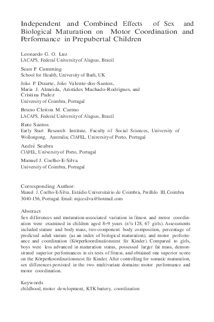 Pdf Independent And Combined Effects Of Sex And Biological Maturation On Motor Coordination