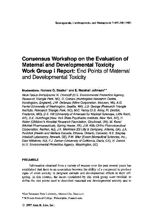 (PDF) Consensus workshop on the evaluation of maternal and developmental toxicity work group I ...