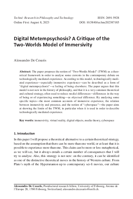 (PDF) Digital Metempsychosis? A Critique of the Two-Worlds Model of ...