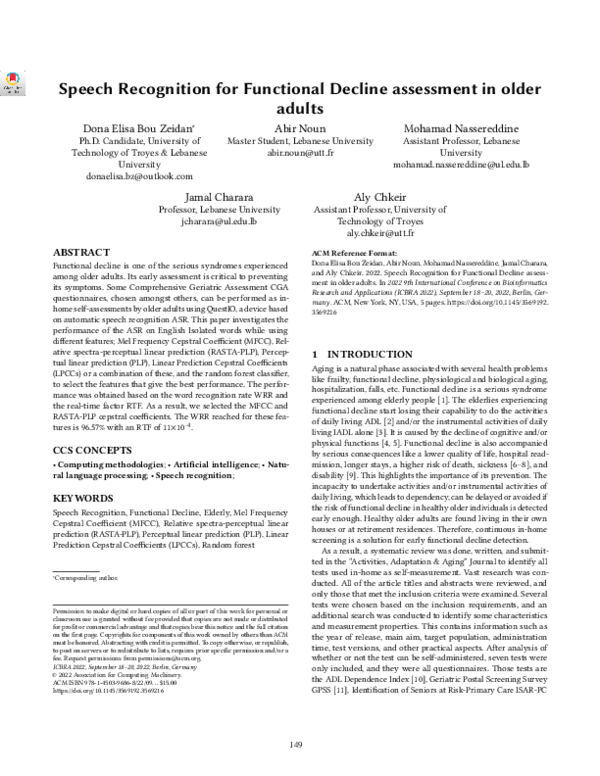(PDF) Speech Recognition for Functional Decline assessment in older adults