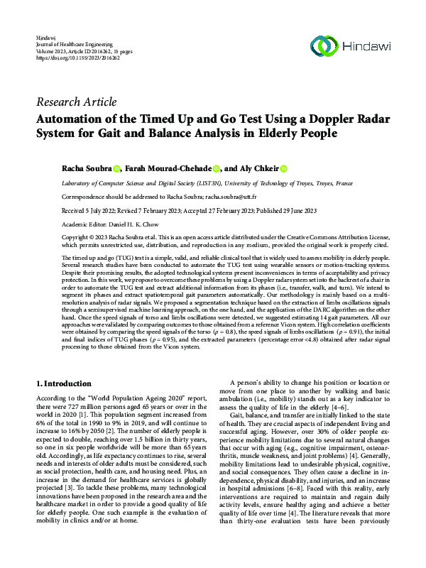 (PDF) Automation of the Timed Up and Go Test Using a Doppler Radar ...