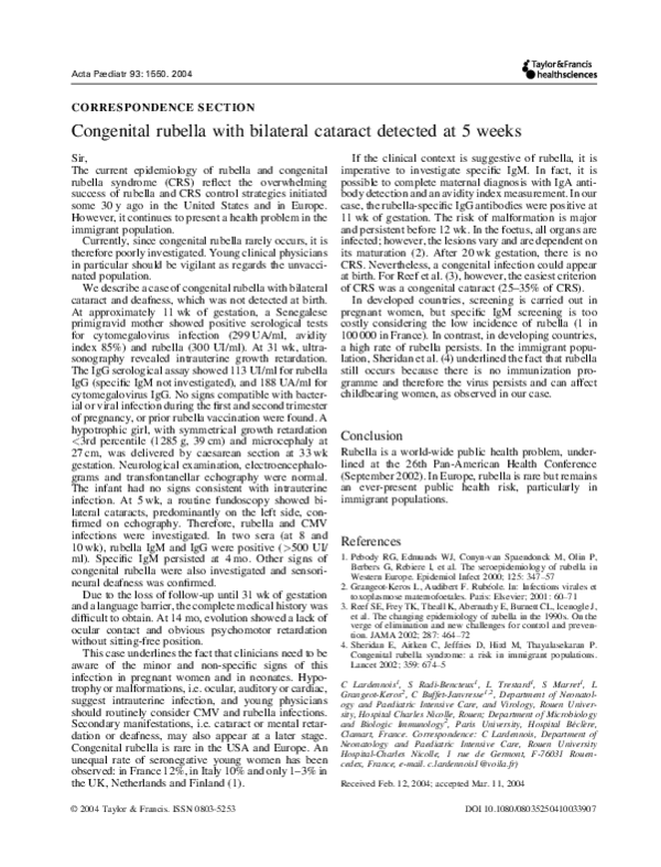 (PDF) Congenital rubella with bilateral cataract detected at 5 weeks