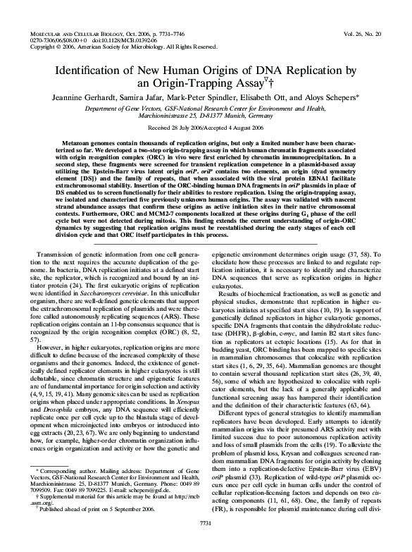 (PDF) Identification of New Human Origins of DNA Replication by an ...