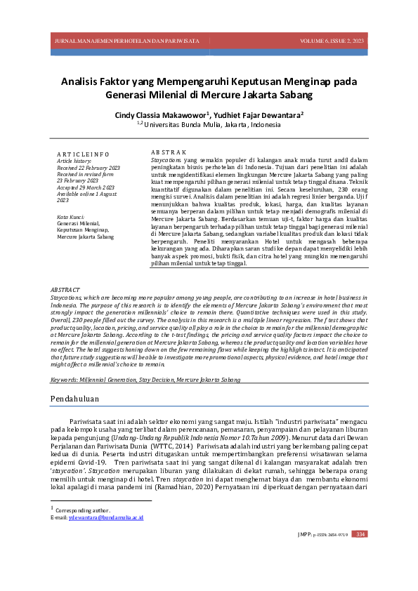 (PDF) Analisis Faktor yang Mempengaruhi Keputusan Menginap pada Generasi Milenial di Mercure ...