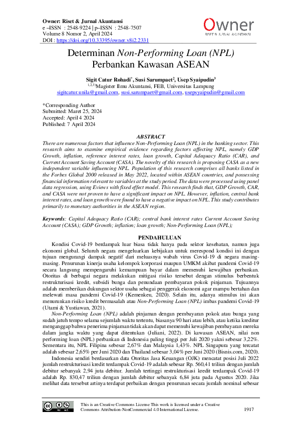 (PDF) Determinan Non-Performing Loan (NPL) Perbankan Kawasan ASEAN