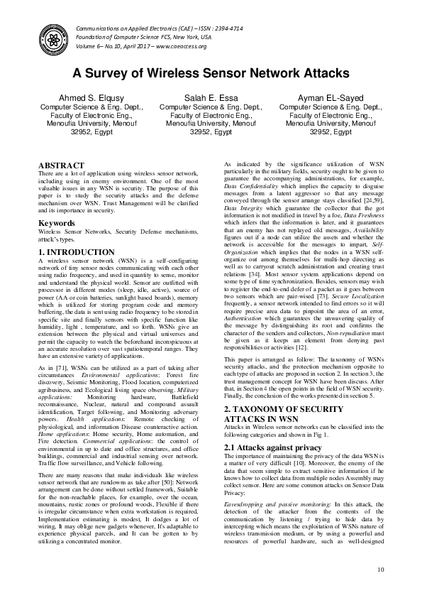 (PDF) A Survey of Wireless Sensor Network Attacks