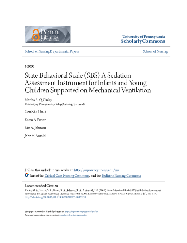 (PDF) State Behavioral Scale (SBS) a Sedation Assessment Instrument for ...