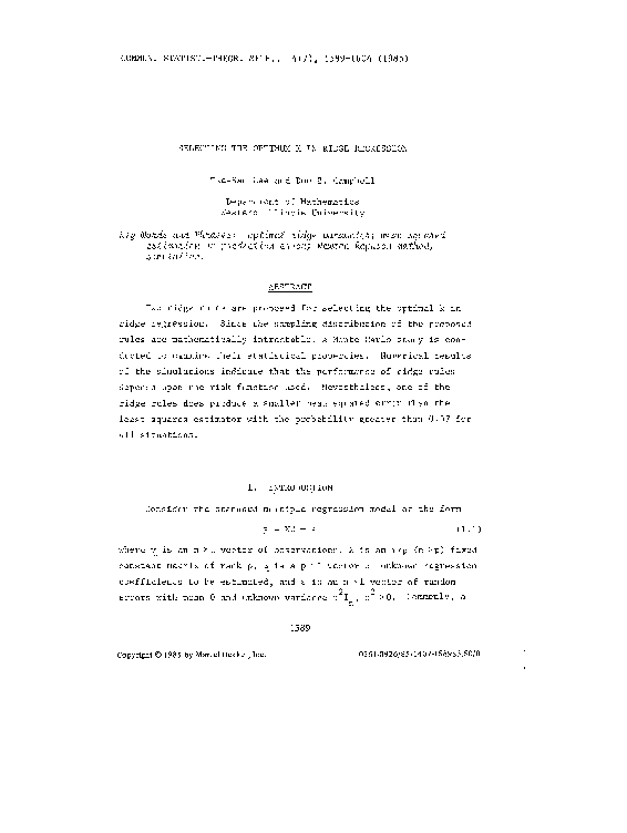(PDF) Selecting the optimum k in ridge regression