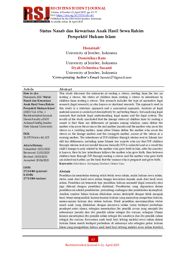 (PDF) Status Nasab dan Kewarisan Anak Hasil Sewa Rahim Perspektif Hukum Islam